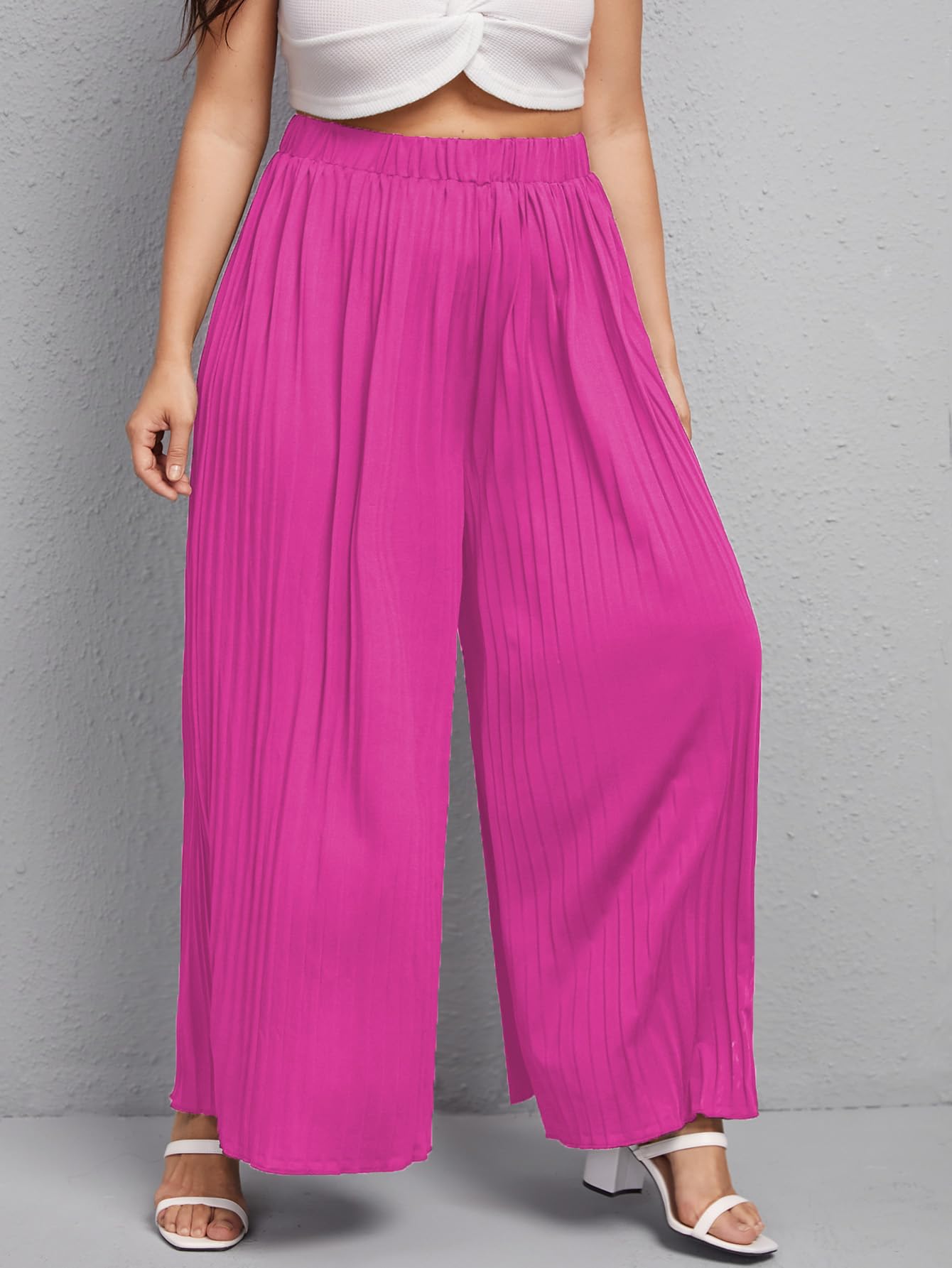 WDIRARA Women's Plus Size Pleated Elastic Waist Wide Leg Casual Long Pants Hot Pink 1XL