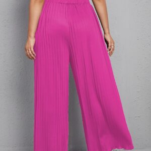 WDIRARA Women's Plus Size Pleated Elastic Waist Wide Leg Casual Long Pants Hot Pink 1XL