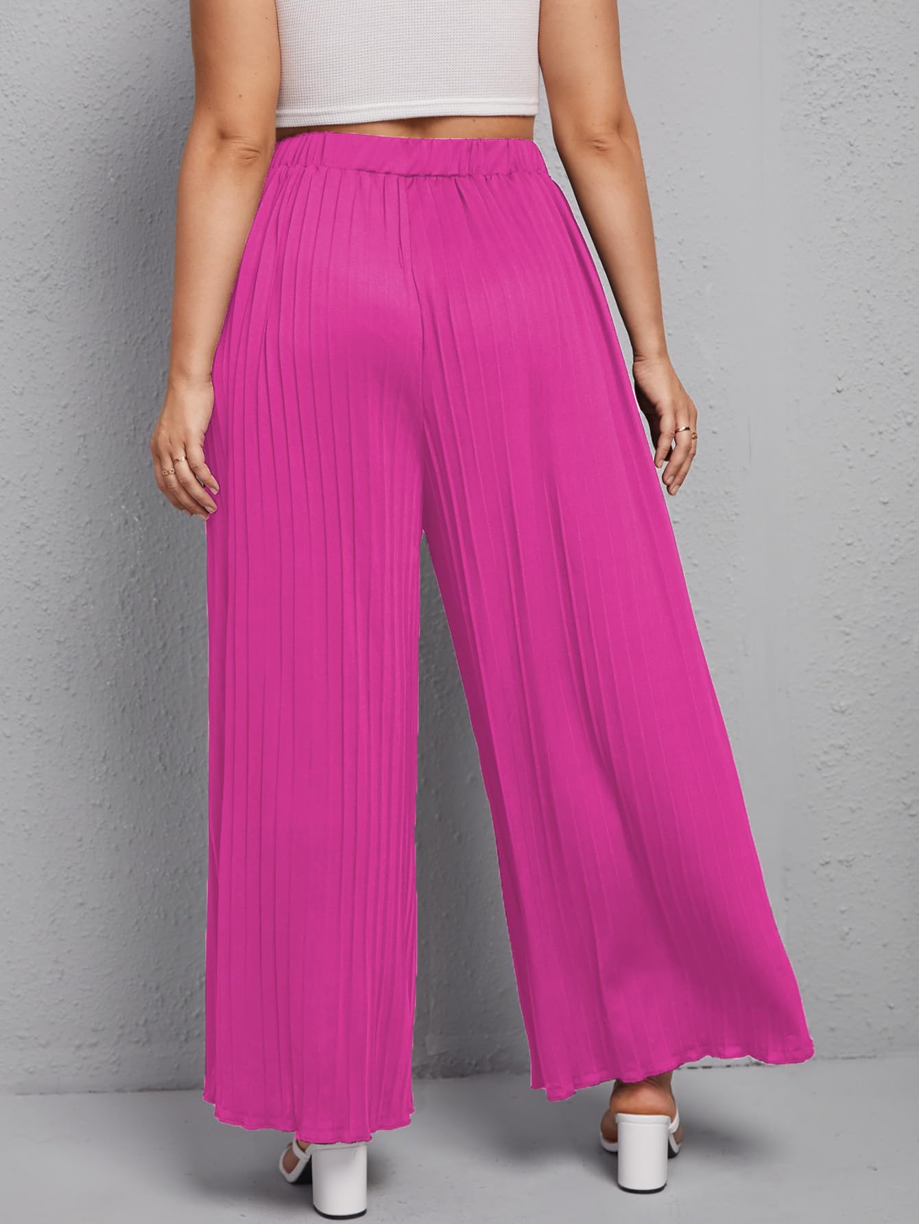 WDIRARA Women's Plus Size Pleated Elastic Waist Wide Leg Casual Long Pants Hot Pink 1XL