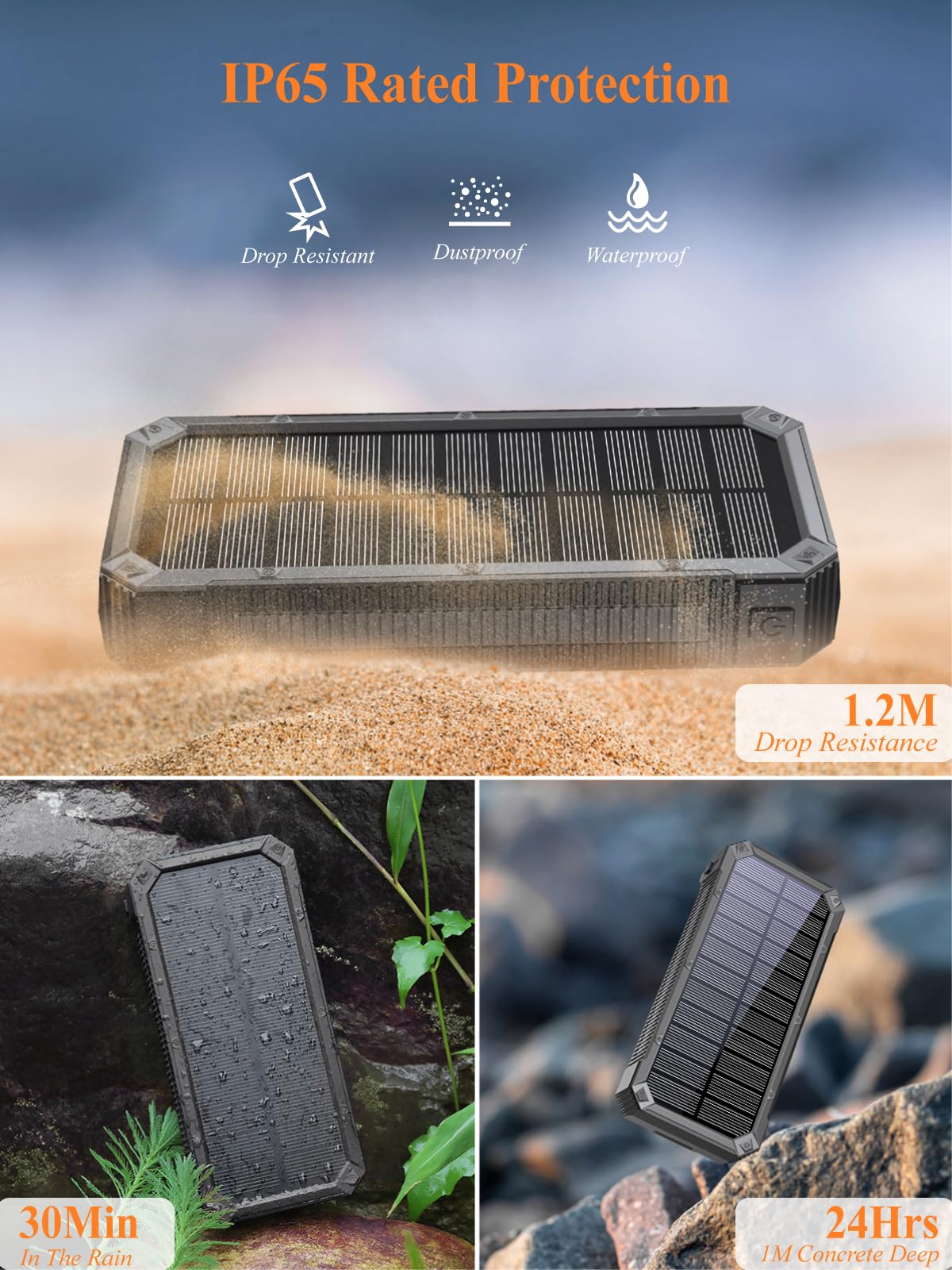 Abnoys Power-Bank-Solar-Charger - 30000mAh Solar Power Bank, PD 20W Fast Charger,Drop-Proof Waterproof Dustproof Built-in LED Flashlight for iPhone, Tablet, Samsung and More USB Device (Black)