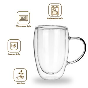 Moretoes 16oz Clear Coffee Mug, Double Walled Glass Coffee Mugs with Handles, Insulated Espresso Cups, Set of 4