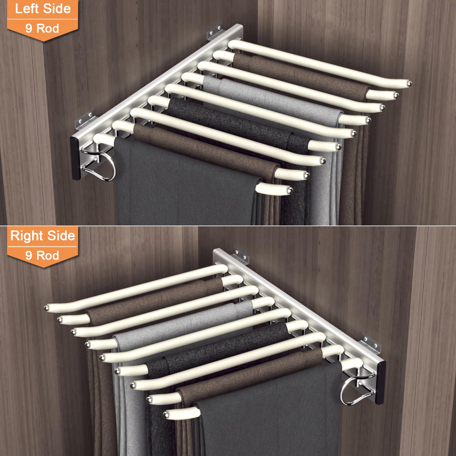 mopam Pull Out Trousers Rack 9 Arms Retractable Closet Pants Hanger Side Mounted Space Saving Trouser Hanger Rack, Left Side Installation, Beige