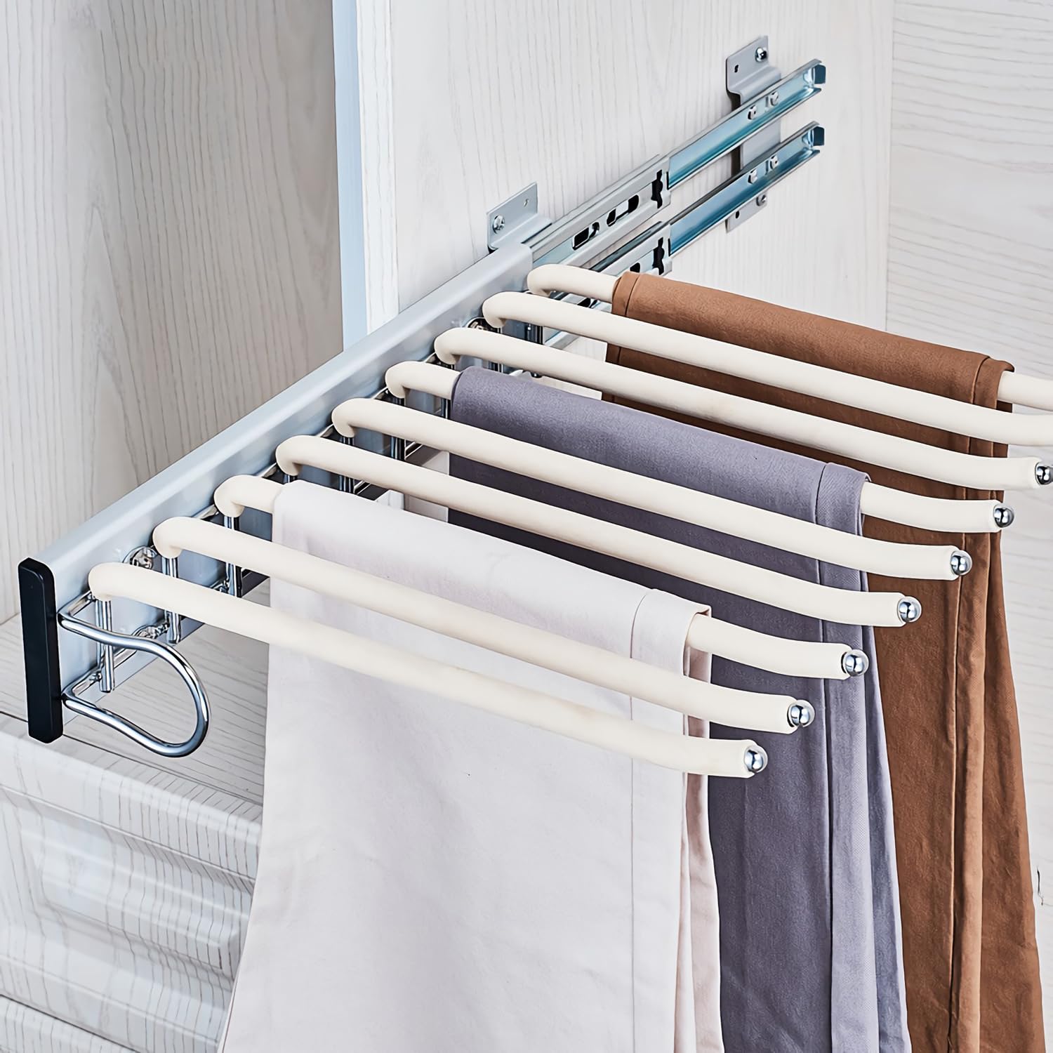 mopam Pull Out Trousers Rack 9 Arms Retractable Closet Pants Hanger Side Mounted Space Saving Trouser Hanger Rack, Left Side Installation, Beige