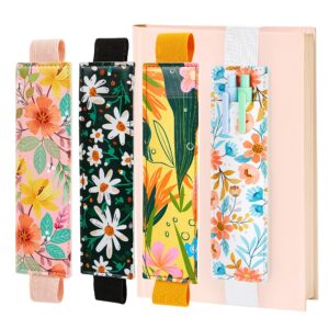 gnueyart 4 colorful elastic band faux leather pen holder gifts, 4 beautiful designs, 6.3 x 1.77 inches, detachable pen holder for notebook (flower)