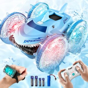 fuuy amphibious waterproof remote control boat: rc car monster truck with lights 4wd gesture hand controlled water beach pool toys kids gifts for boys pool toys