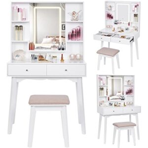 anwbroad makeup vanity desk vanity table set with led lighted mirror vanity set with 3 adjustable lighting colors 5 storage shelves 2 big drawers dresser cushioned stool for girls women (white)