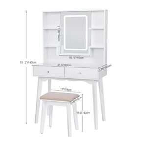 ANWBROAD Makeup Vanity Desk Vanity Table Set with LED Lighted Mirror Vanity Set with 3 Adjustable Lighting Colors 5 Storage Shelves 2 Big Drawers Dresser Cushioned Stool for Girls Women (White)