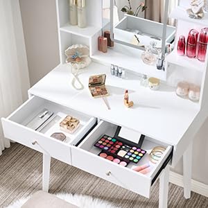 ANWBROAD Makeup Vanity Desk Vanity Table Set with LED Lighted Mirror Vanity Set with 3 Adjustable Lighting Colors 5 Storage Shelves 2 Big Drawers Dresser Cushioned Stool for Girls Women (White)