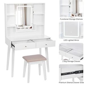 ANWBROAD Makeup Vanity Desk Vanity Table Set with LED Lighted Mirror Vanity Set with 3 Adjustable Lighting Colors 5 Storage Shelves 2 Big Drawers Dresser Cushioned Stool for Girls Women (White)