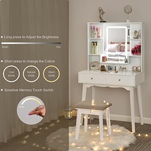 ANWBROAD Makeup Vanity Desk Vanity Table Set with LED Lighted Mirror Vanity Set with 3 Adjustable Lighting Colors 5 Storage Shelves 2 Big Drawers Dresser Cushioned Stool for Girls Women (White)