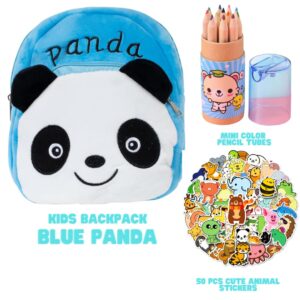 Kids Small Backpack Set - Animal Plush Backpack For Kids - Cute & Functional With Fun Accessories - Includes Cartoon Stickers and Mini Color Pencil Tubes - (Blue Panda)