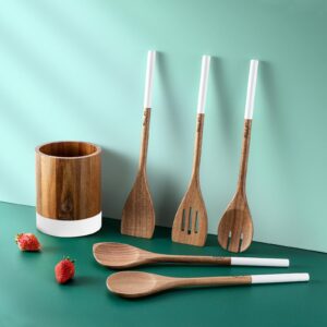 wooden spoons for cooking wooden kitchen utensil and kitchen utensil holder set of 5 wooden cooking utensils spatula set including spoon, turner and slotted spoon with long handle