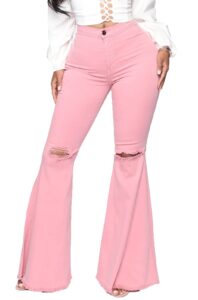 vunahzma women's flare bell bottom pink jeans knee ripped fitted destroyed flare denim pants 70s outfits for women(x-large, pink-4014)