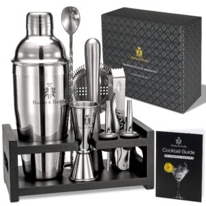 hawke & hanley mixology bartender kit: cocktail shaker bar set with a martini shaker, bar tools and black bamboo stand | bartending kit with recipe book | unique housewarming gift (silver)