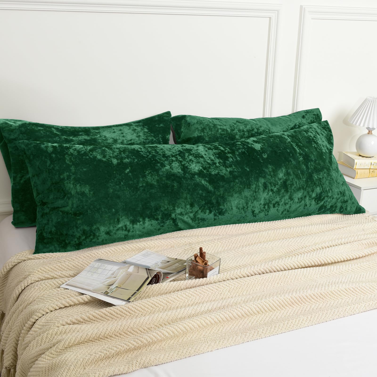 PHF Truly Velvet Zippered Body Pillowcase, No Insert, 1 Pack Ultra Soft Breathable Pillow Sham Cover with Zipper, 20"X 54" Long Luxury Cozy Warm Fuzzy Flannel Body Pillow Case, Emerald Green