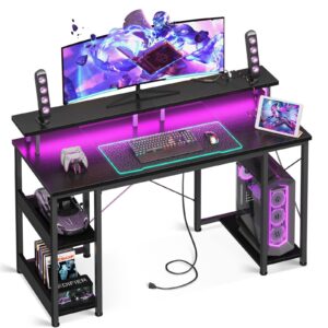 odk 48 inch gaming desk with led lights & power outlets, computer desk with monitor stand & storage sheves, cpu stand, home office desk, black