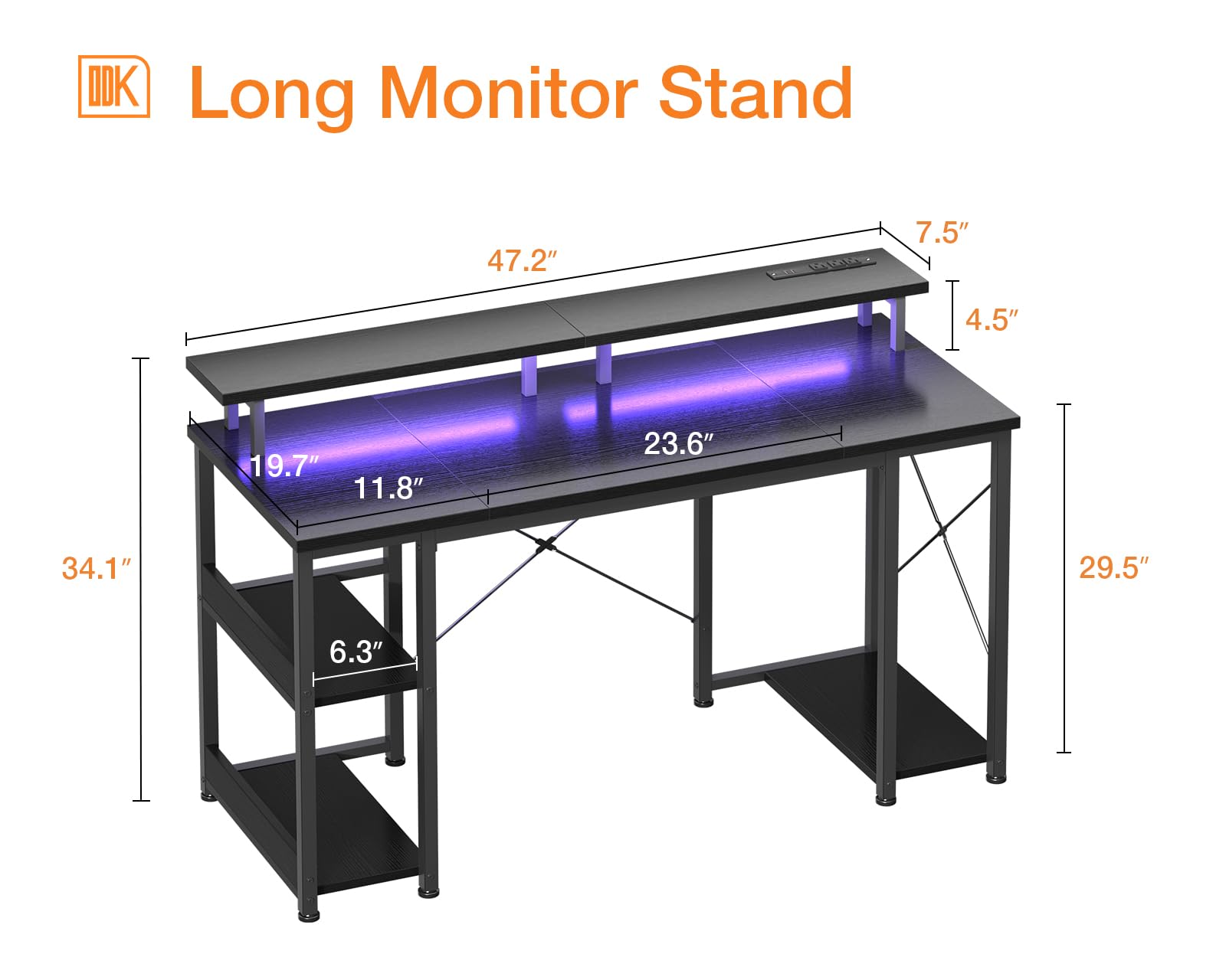 ODK 48 inch Gaming Desk with LED Lights & Power Outlets, Computer Desk with Monitor Stand & Storage Sheves, CPU Stand, Home Office Desk, Black