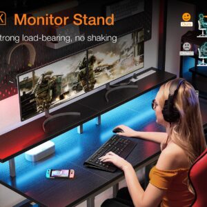 ODK 48 inch Gaming Desk with LED Lights & Power Outlets, Computer Desk with Monitor Stand & Storage Sheves, CPU Stand, Home Office Desk, Black