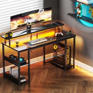 ODK 48 inch Gaming Desk with LED Lights & Power Outlets, Computer Desk with Monitor Stand & Storage Sheves, CPU Stand, Home Office Desk, Black