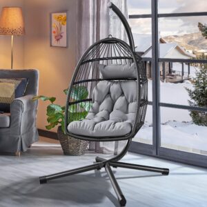 YITAHOME Hanging Egg Swing Chair with Stand Egg Chair Wicker Indoor Outdoor Hammock Egg Chair with Cushions 330lbs for Patio, Bedroom, Garden and Balcony, Dark Gray(Stand Included)