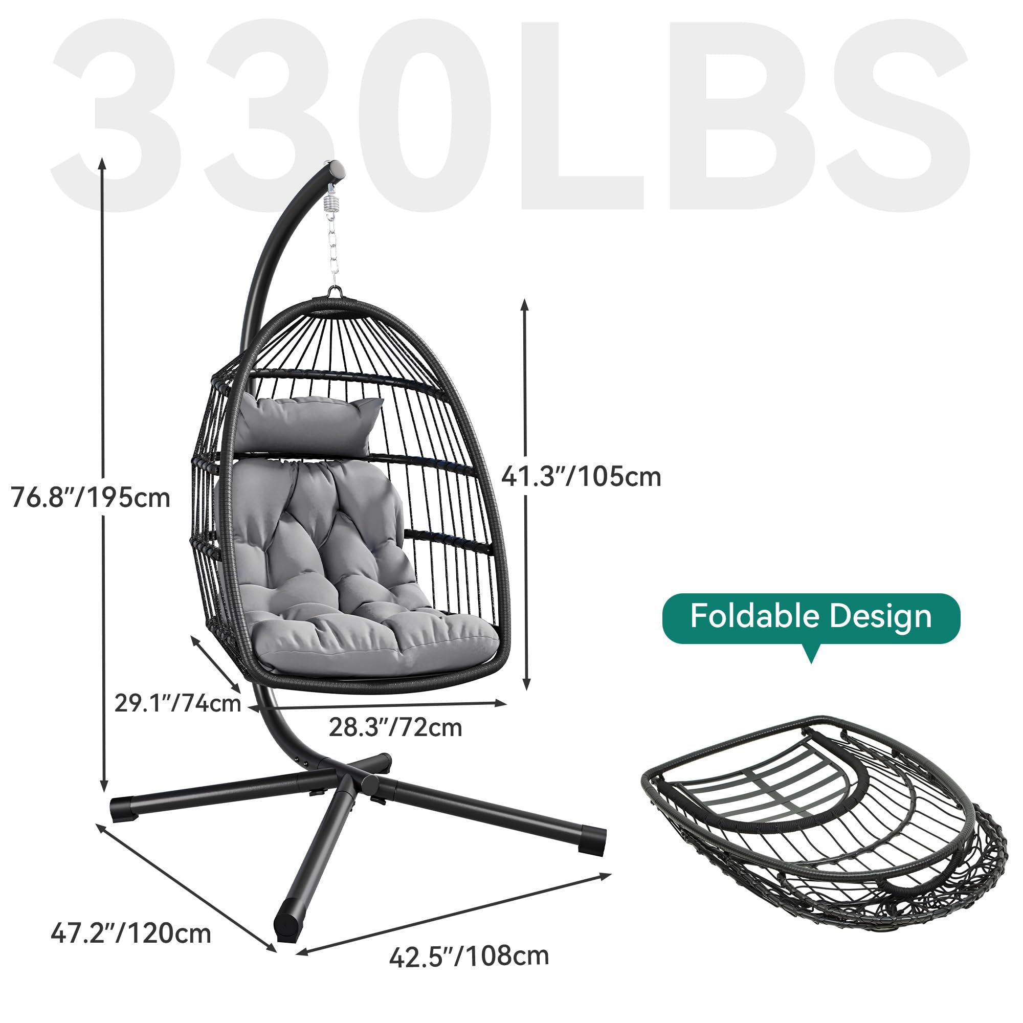 YITAHOME Hanging Egg Swing Chair with Stand Egg Chair Wicker Indoor Outdoor Hammock Egg Chair with Cushions 330lbs for Patio, Bedroom, Garden and Balcony, Dark Gray(Stand Included)