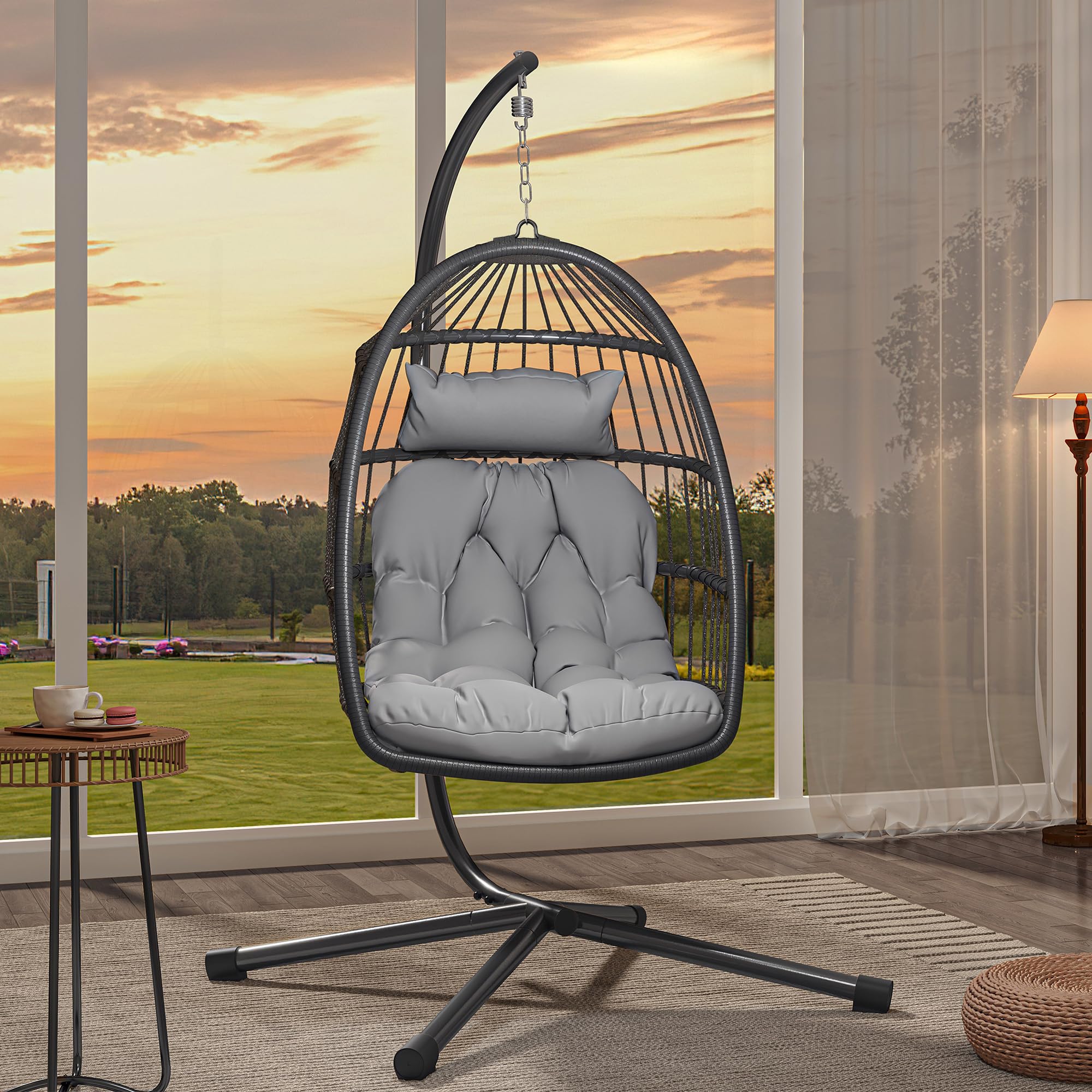 YITAHOME Hanging Egg Swing Chair with Stand Egg Chair Wicker Indoor Outdoor Hammock Egg Chair with Cushions 330lbs for Patio, Bedroom, Garden and Balcony, Dark Gray(Stand Included)