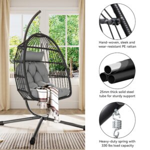 YITAHOME Hanging Egg Swing Chair with Stand Egg Chair Wicker Indoor Outdoor Hammock Egg Chair with Cushions 330lbs for Patio, Bedroom, Garden and Balcony, Dark Gray(Stand Included)