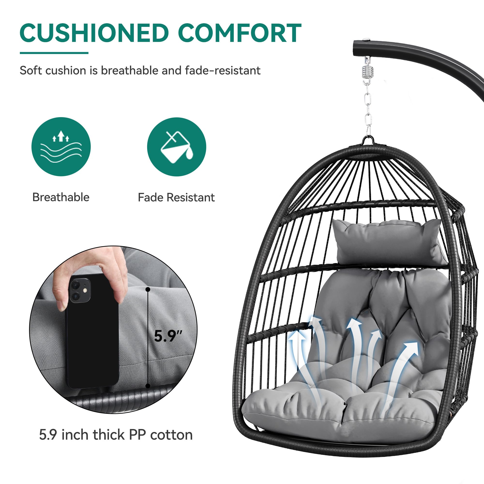 YITAHOME Hanging Egg Swing Chair with Stand Egg Chair Wicker Indoor Outdoor Hammock Egg Chair with Cushions 330lbs for Patio, Bedroom, Garden and Balcony, Dark Gray(Stand Included)