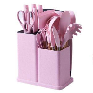 19 pieces kitchen utensils and knife set with block, with 9 piece silicone cooking utensils set 5 piece sharp stainless steel chef knives scissors whisk tongs and cutting board (19 in 1) (pink)