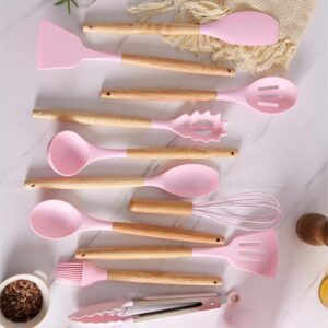 19 Pieces Kitchen Utensils and Knife Set with Block, with 9 Piece Silicone Cooking Utensils Set 5 Piece Sharp Stainless Steel Chef Knives Scissors Whisk Tongs and Cutting Board (19 in 1) (Pink)