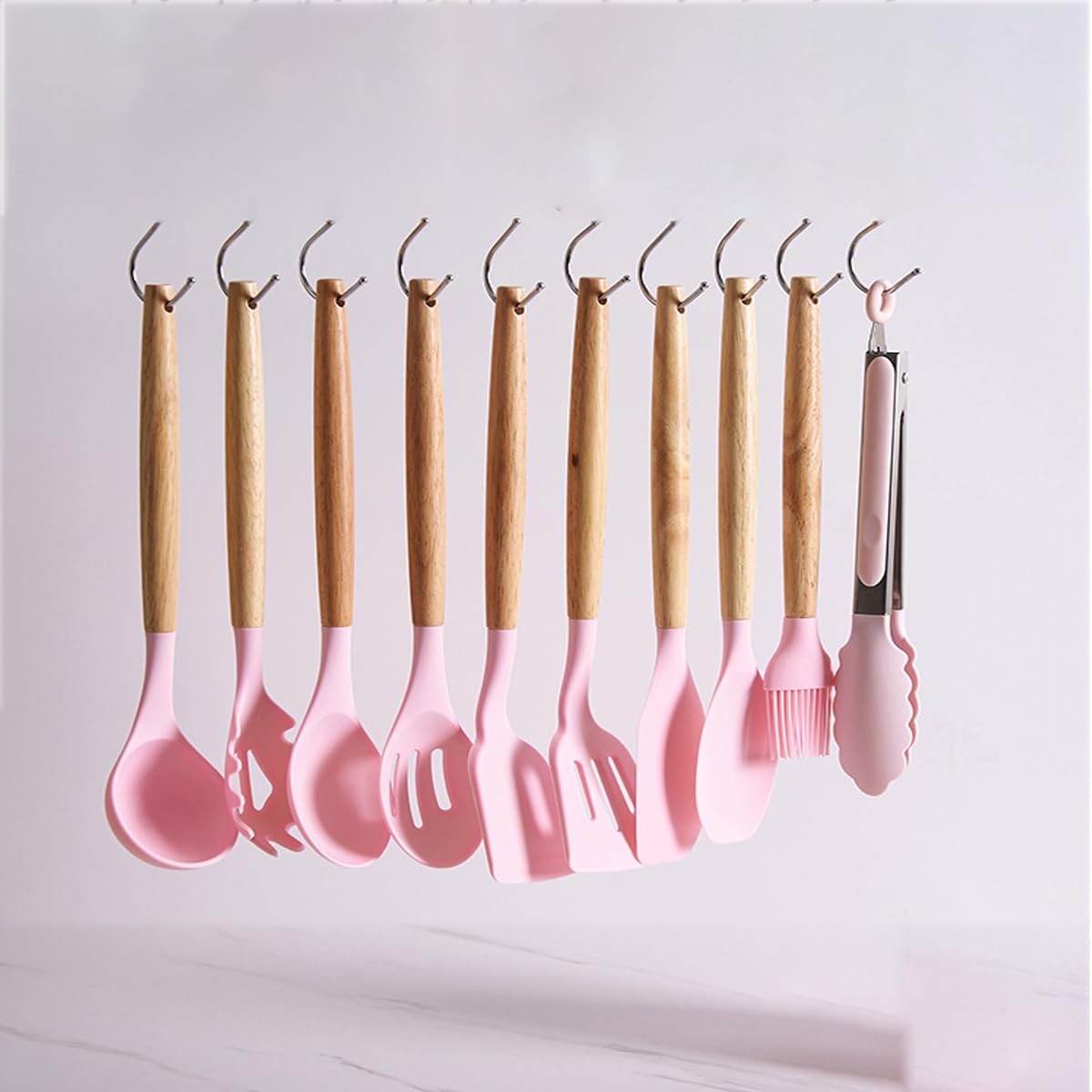 19 Pieces Kitchen Utensils and Knife Set with Block, with 9 Piece Silicone Cooking Utensils Set 5 Piece Sharp Stainless Steel Chef Knives Scissors Whisk Tongs and Cutting Board (19 in 1) (Pink)