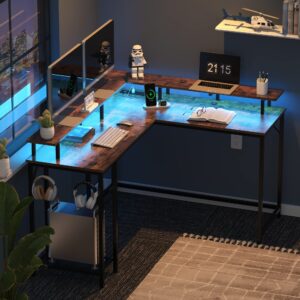 SUPERJARE L Shaped Gaming Desk with Power Outlets & LED Lights and Nightstand with Charging Station