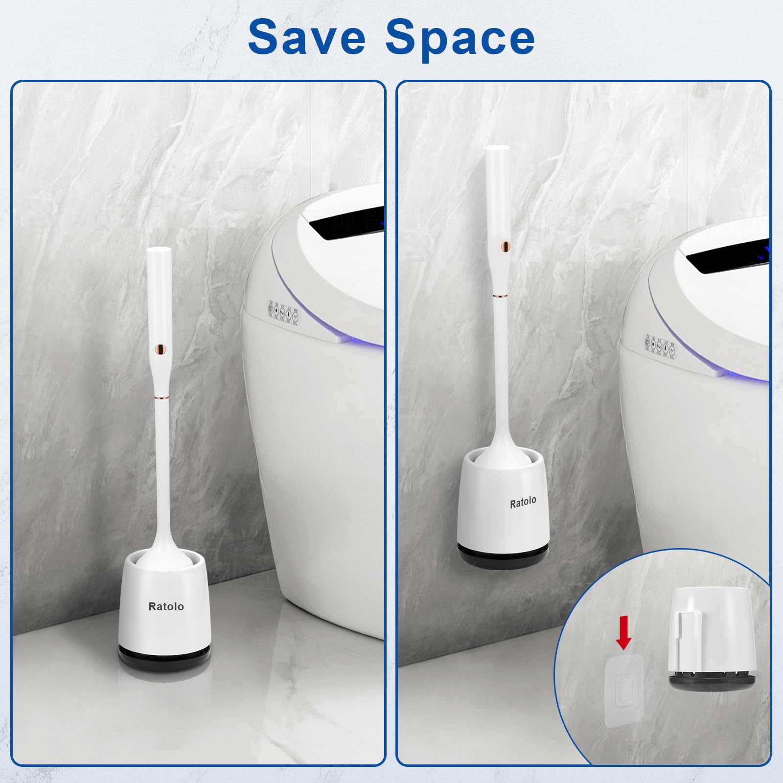 Ratolo Electric Toilet Brush,Silicone Toilet Brush,Toilet Bowl Brush and Holder Set with Ventilated Holder,Toilet Brush, Floor Standing, Wall Mounted Without Drilling，Rechargeable