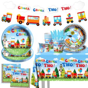 chugga chugga two two party supplies,142pcs birthday decoration train paper plates tableware set chuagaa chugga two two transportation table cloth banner cups for 2nd birthday train party supplies