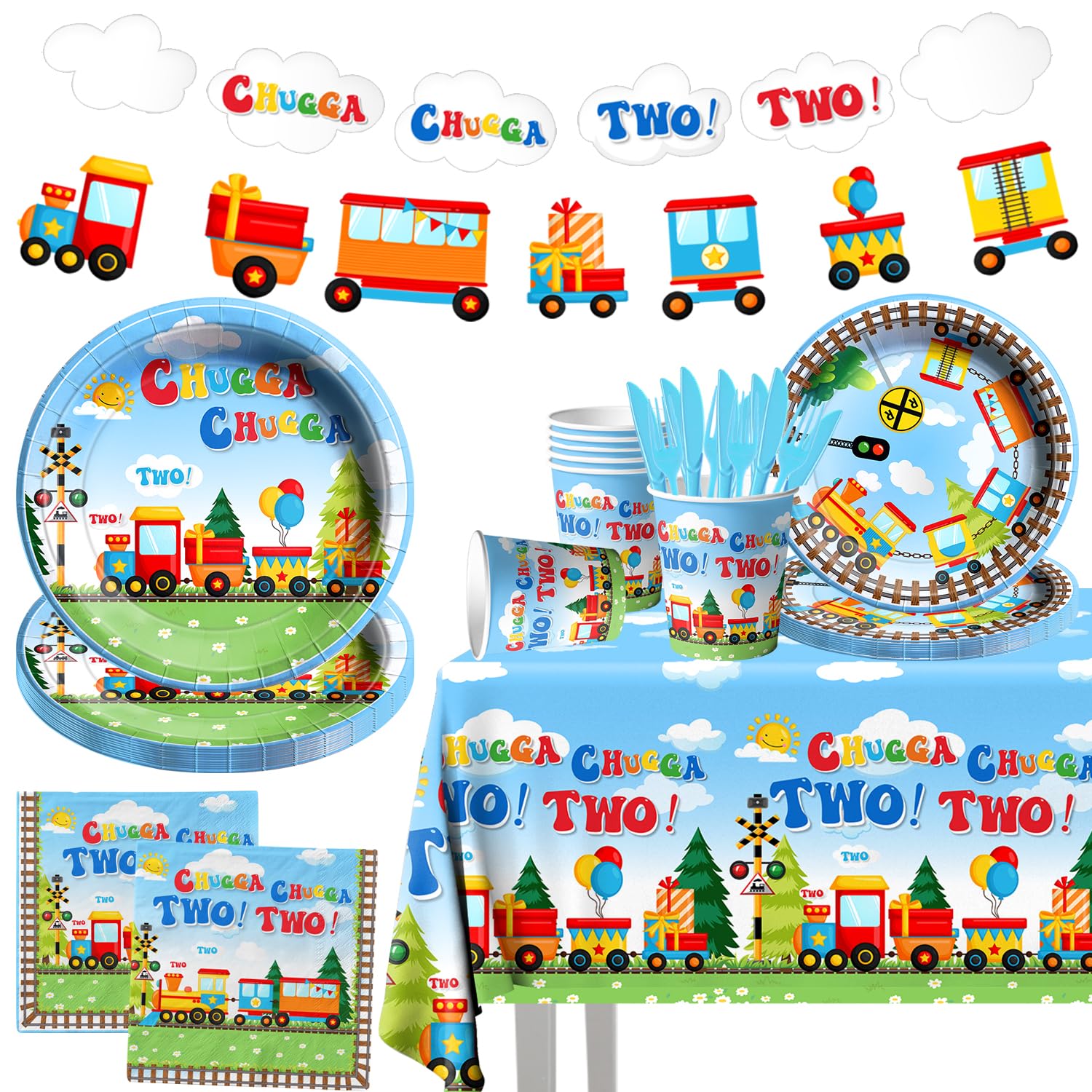 Chugga Chugga Two Two Party Supplies,142PCS Birthday Decoration Train Paper Plates Tableware Set Chuagaa Chugga Two Two Transportation Table cloth Banner Cups for 2nd Birthday Train Party Supplies