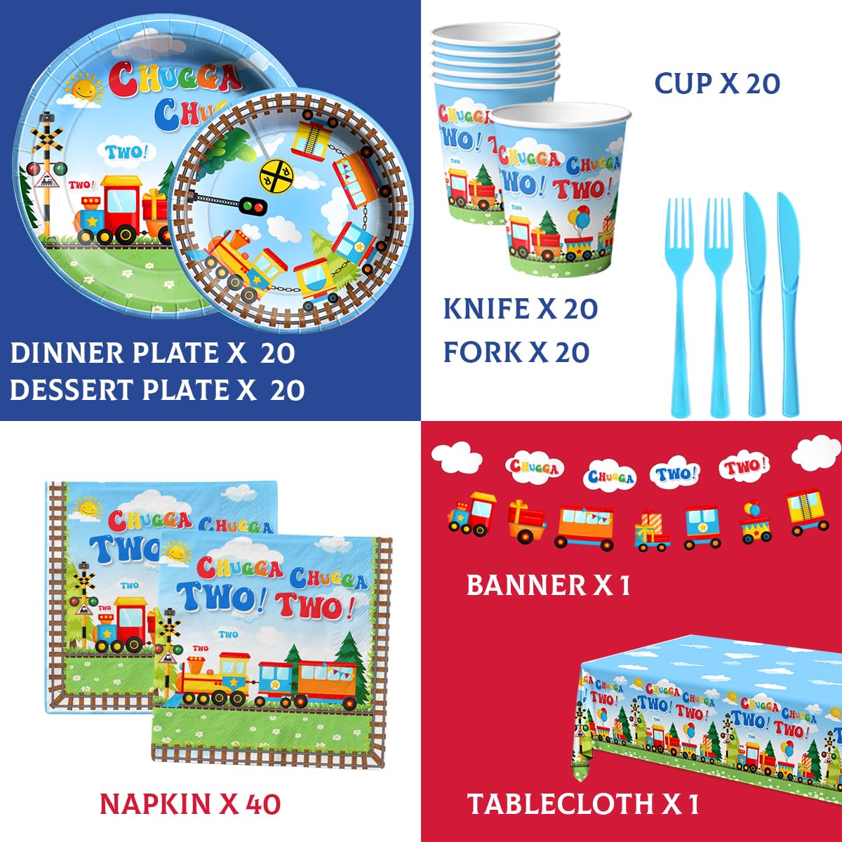 Chugga Chugga Two Two Party Supplies,142PCS Birthday Decoration Train Paper Plates Tableware Set Chuagaa Chugga Two Two Transportation Table cloth Banner Cups for 2nd Birthday Train Party Supplies