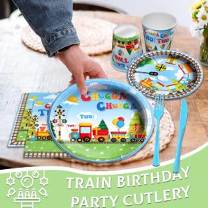 Chugga Chugga Two Two Party Supplies,142PCS Birthday Decoration Train Paper Plates Tableware Set Chuagaa Chugga Two Two Transportation Table cloth Banner Cups for 2nd Birthday Train Party Supplies