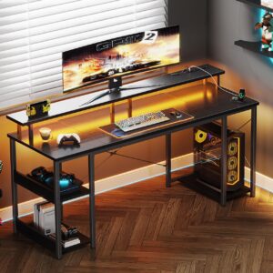 ODK 63 inch Computer Desk with Power Outlets & LED Lights, Gaming Desk with Monitor Stand & Storage Sheves, Home Office Desk, Black