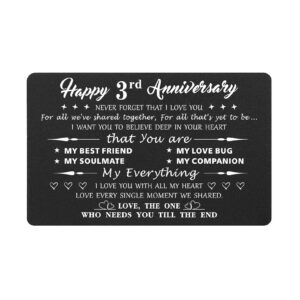 mataly happy 3rd anniversary card gifts for him her - never forget that i love you - 3 year anniversary engraved gifts for husband wife, metal wallet card