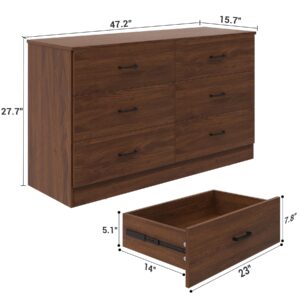 Bigbiglife 6 Drawer Wood Dresser, Wide Chest of Drawers, Bedroom Furniture, Clothes Storage and Organizer, 15.8" D x 47.2" W x 27.7" H, Walnut Brown