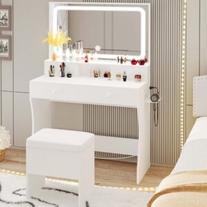 likimio vanity desk with led lighted mirror & power outlet & 4 drawers, makeup table set with storage stool and hair dryer stand, white