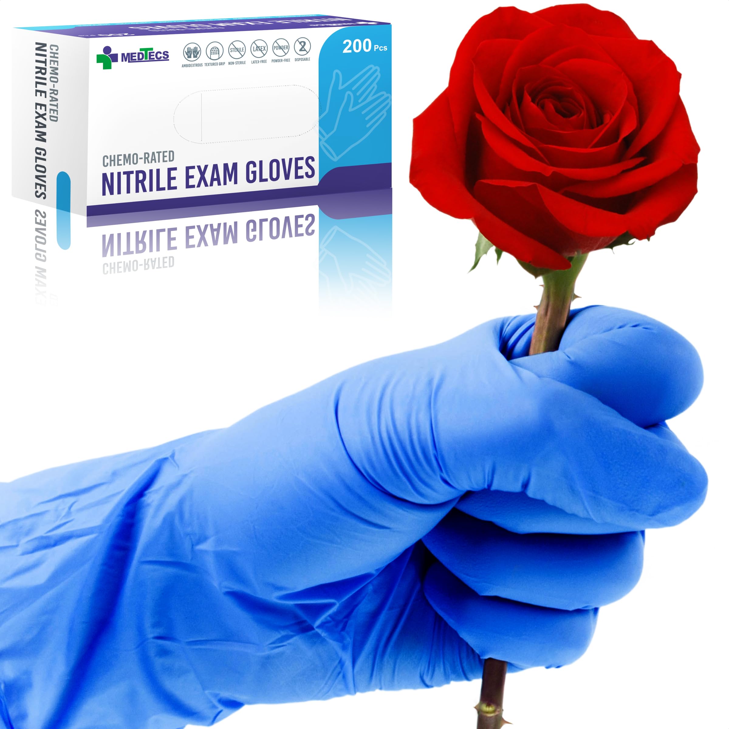 Medtecs Nitrile Gloves Disposable Latex-Free with Chemo-Rated Protection & Breathable Design - 4 Mil Thickness, Ambidextrous, Powder-Free and Over 500% Elongation - All Size & Color Available - 200PC