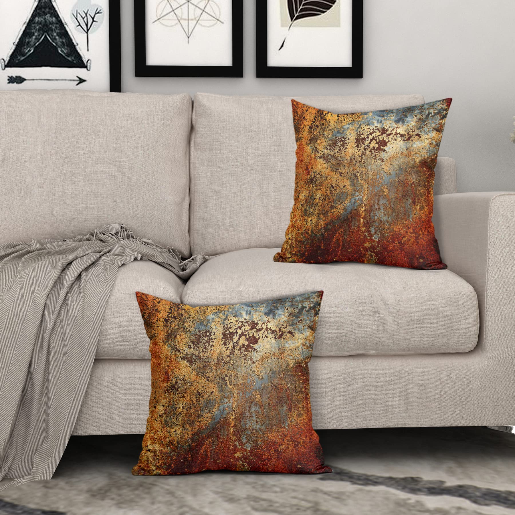 Brown Rust Metal Pillow Covers 18X18 In Gold Rusty Cinnamon Copper Bronze Metallic Pillow Cases Orange Teal Rustic Throw Pillows Set of 2 Autumn Home Decor For Living Room Bedroom Couch Sofa Outdoor