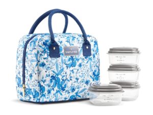 fit & fresh lunch bag for women, insulated womens lunch bag for work, leakproof & stain-resistant large lunch box for women with containers, zipper closure bloomington bag blue floral