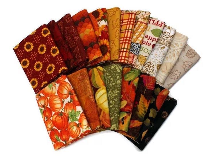 10 Fat Quarters -Autumn Fall Autumnal Nature Leaves Pumpkins Orange Red Assorted Quality Quilters Cotton Fabrics Fat Quarter Bundle