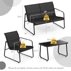 Tangkula 4 Pieces Patio Furniture Set, Outdoor Conversation Set with Tempered Glass Coffee Table, Outdoor Garden Porch Furniture Set with Breathable Fabric and Rustproof Metal Frame (1, Black)