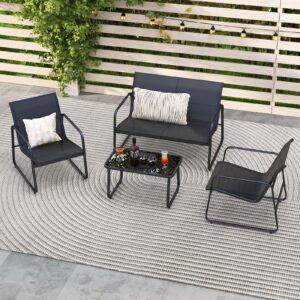 Tangkula 4 Pieces Patio Furniture Set, Outdoor Conversation Set with Tempered Glass Coffee Table, Outdoor Garden Porch Furniture Set with Breathable Fabric and Rustproof Metal Frame (1, Black)