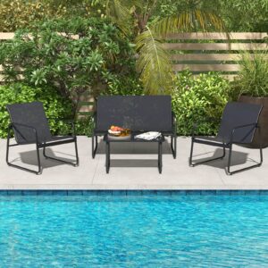 Tangkula 4 Pieces Patio Furniture Set, Outdoor Conversation Set with Tempered Glass Coffee Table, Outdoor Garden Porch Furniture Set with Breathable Fabric and Rustproof Metal Frame (1, Black)