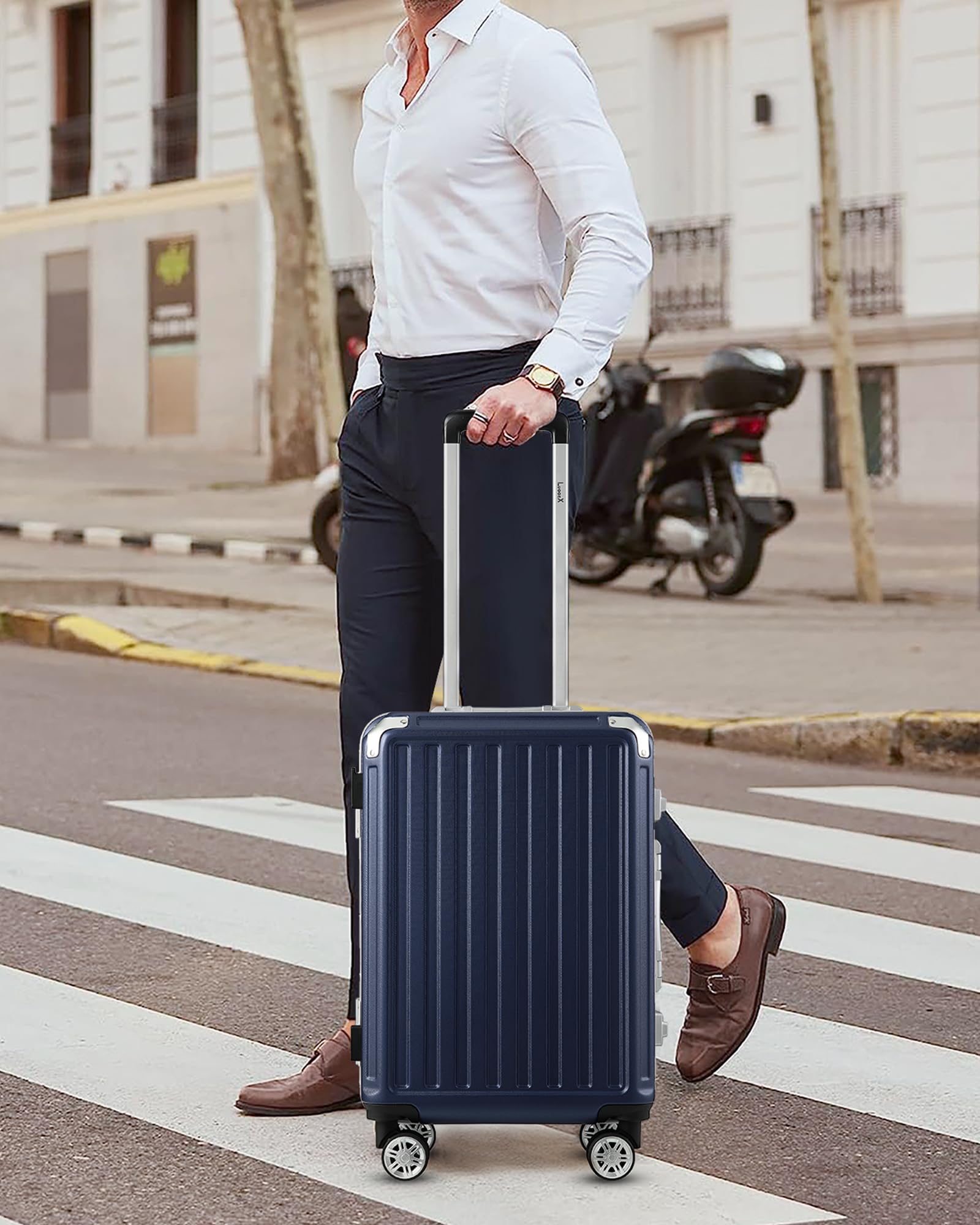 LUGGEX Carry On Luggage with Aluminum Frame, 36L Polycarbonate Zipperless Luggage with Wheels, Hard Shell Suitcase 4 Metal Corner (Navy)