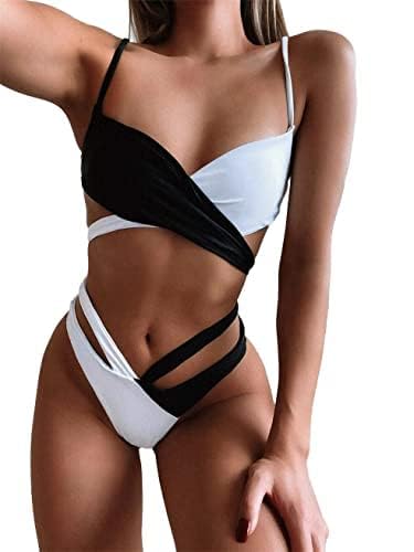 Lilosy Sexy Wrap Criss Cross Cutout Two Tone Color Block High Cut Leg Thong Brazilian Bikini Swimsuit Set Women Cheeky Bottom Tie Back Bathing Suit 2 Piece White and Black 2# Medium